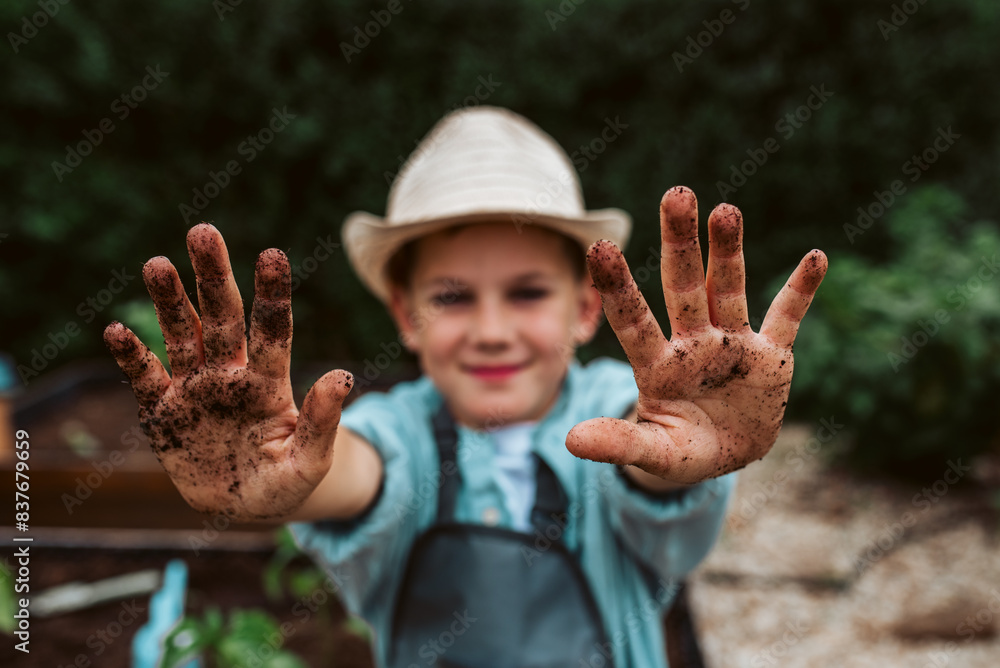 Boy has dirty hands after gardening. Taking care of small vegetable ...