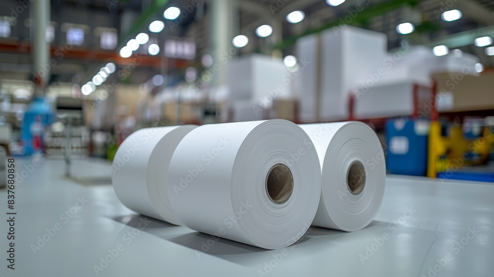 Two rolls of white paper rest atop a pristine table in a lit warehouse ...