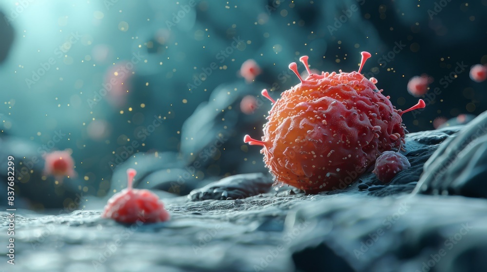 3D rendering of a virus. The virus has a round body with spikes ...