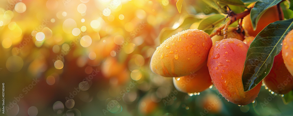 Mango on a tree with water drops, close up. Ripe mangoes hanging from ...