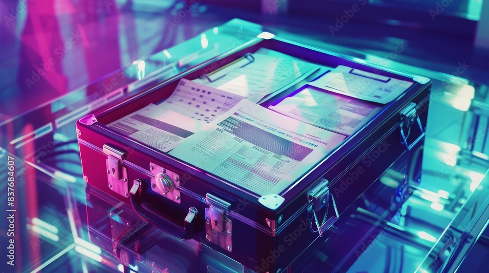 In a mysterious, hightech setting, a briefcase filled with colorful ...