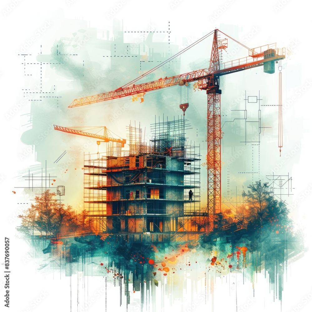 Artistic illustration of a construction site with cranes and ...