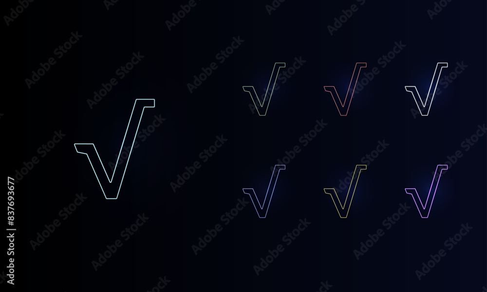 A set of neon square root symbols. Set of different color symbols ...