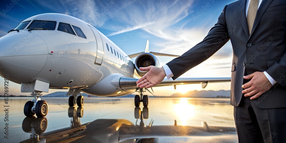 Welcome Aboard: Business Hand Gesture with Airplane Background. Perfect ...