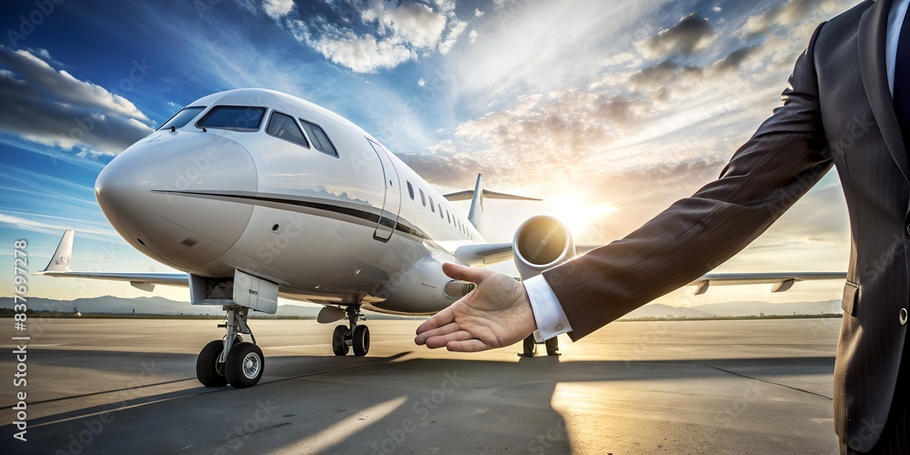Welcome Aboard: Business Hand Gesture with Airplane Background. Perfect ...