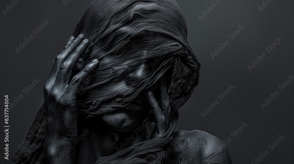 portrait of man head covered by black fabric with hand grabbing the ...