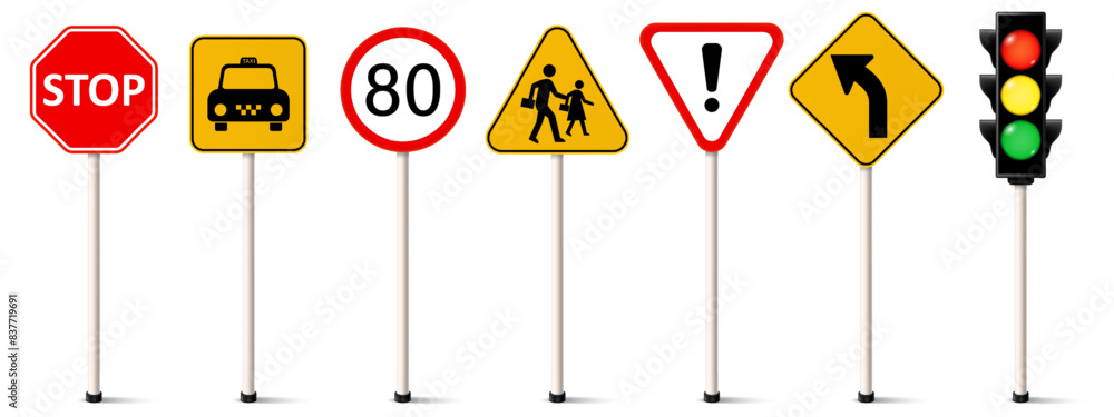 Set of road signs, Traffic signs. Stop, Taxi, Maximum speed, School ...