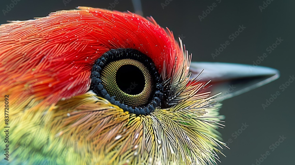 A tight shot of a vibrant bird's eye, featuring a black pupil at its ...