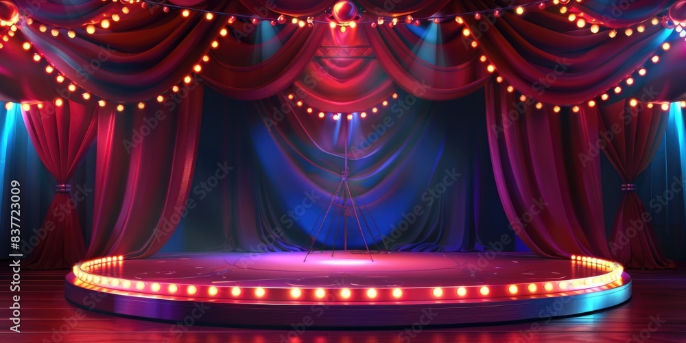 Circus stage podium background 3D carnival light red show curtain ...