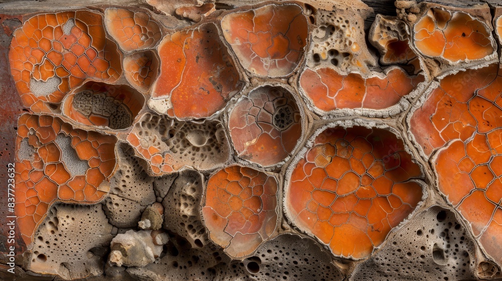 A tight shot of an orange and white rock formation The center showcases ...