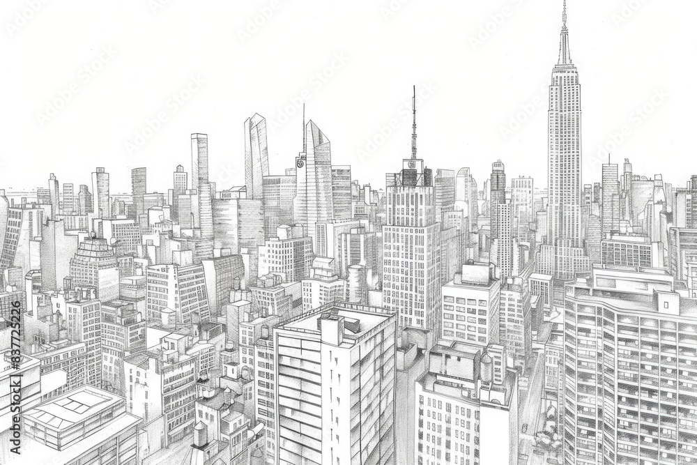 City skyline sketch featuring an array of urban buildings, high-rises ...