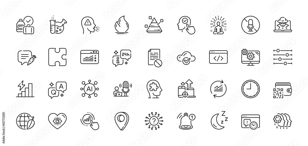 Moon, Yoga and Podcast line icons pack. AI, Question and Answer, Map pin icons. Time, Qr code ...
