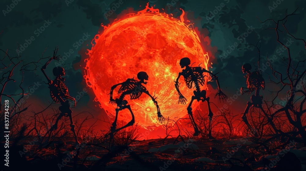 Spooky scene with skeletons dancing under a blood-red moon, eerie ...