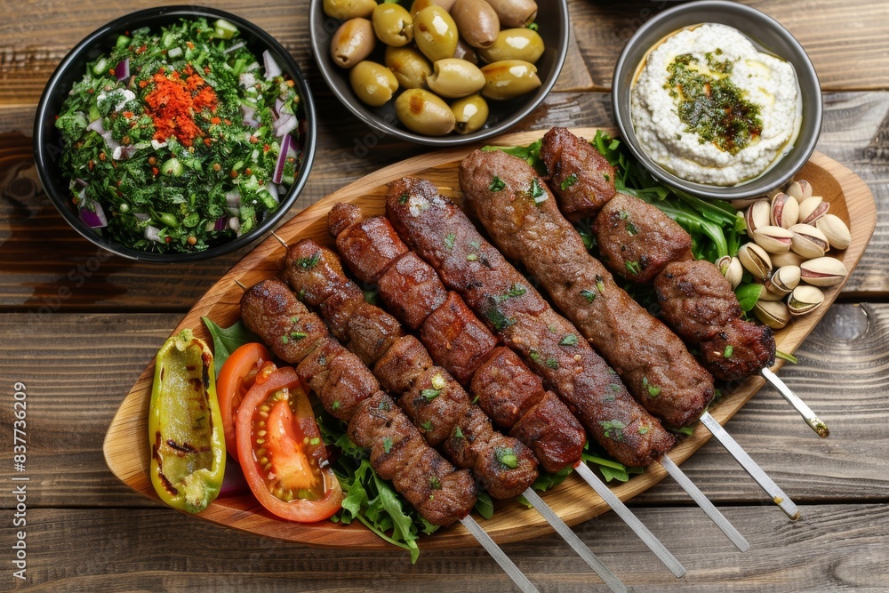 Various Turkish dishes: meat kebab with tabbouleh salad, falafel ...