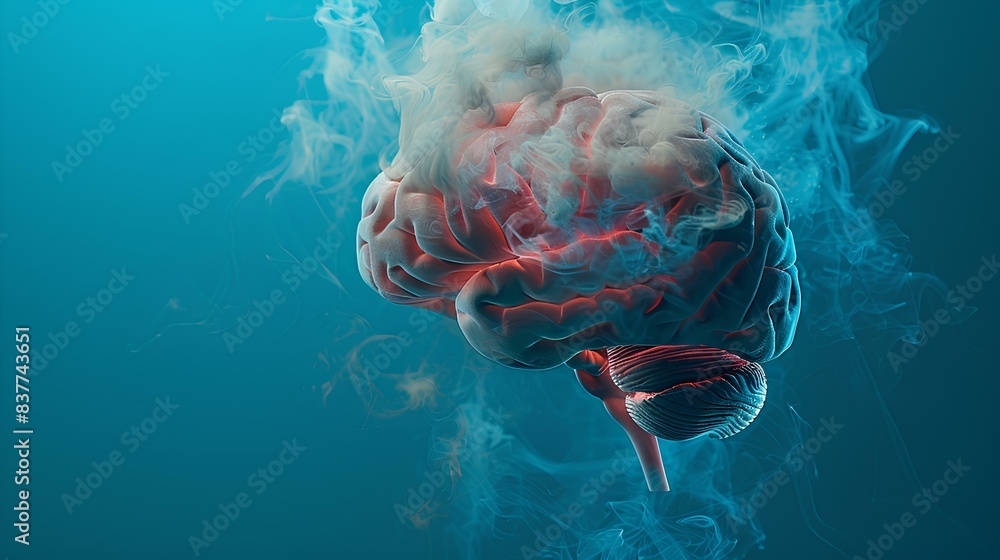 An imaginative portrayal of a tired human brain against a soothing blue ...