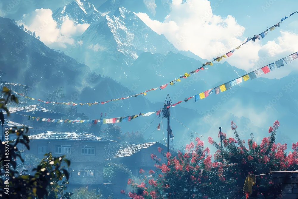 Himalayan village, prayer flags, towering peaks close up, focus on ...