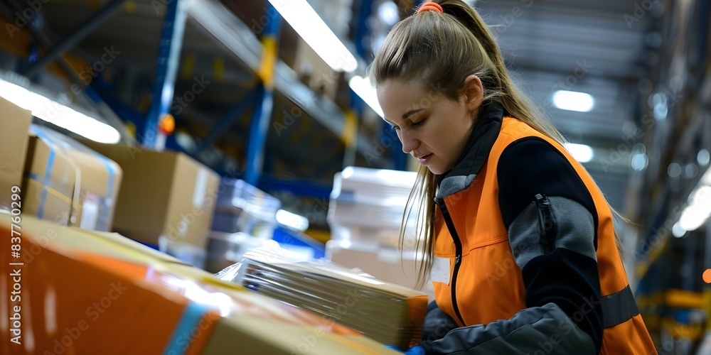 Young woman working in a postal warehouse handling and dispatching ...