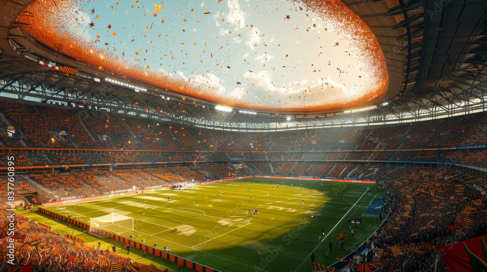 2D rendering of a soccer stadium filled with fans, with Euros floating ...