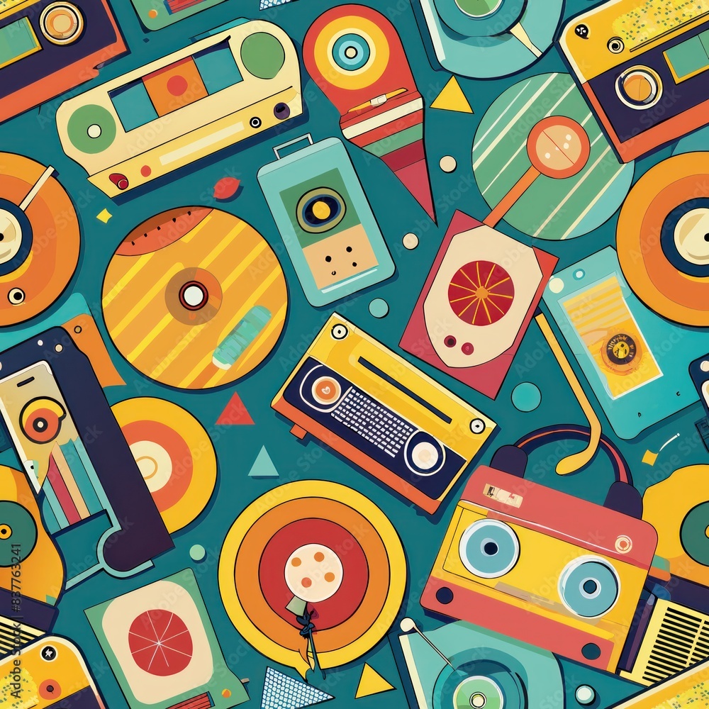 Seamless pattern of kitschy retro icons like vinyl records, cassette ...