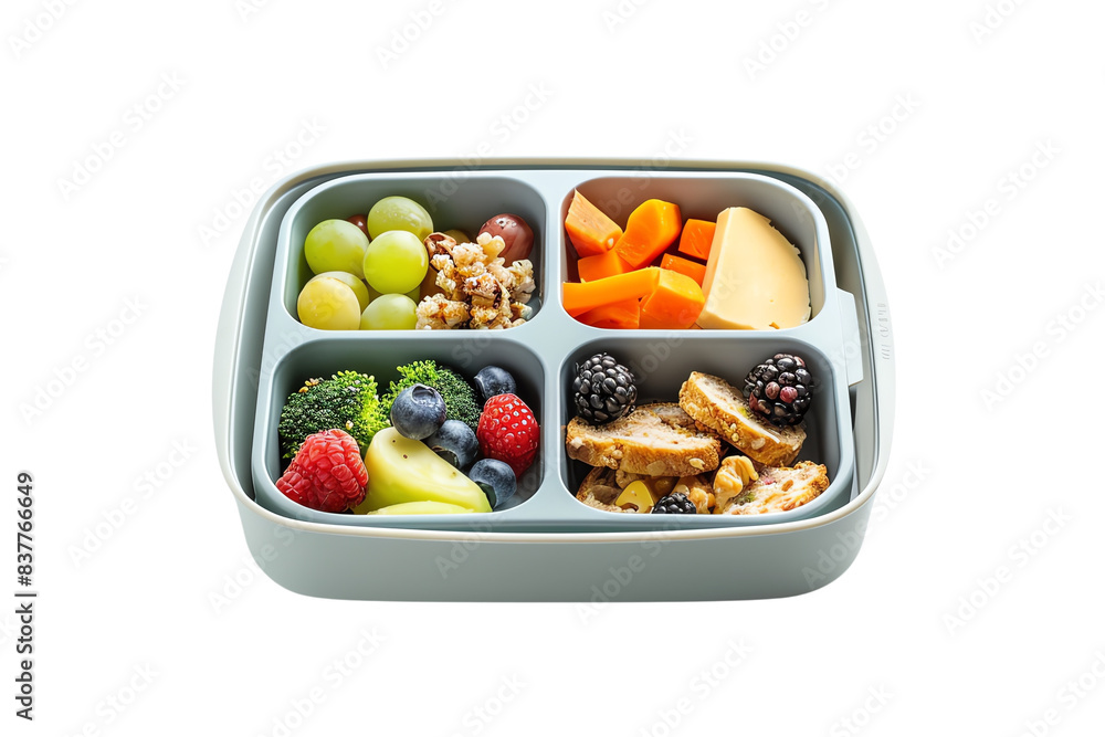 Healthy snack plate with fruits, vegetables, nuts, and cheese divided ...