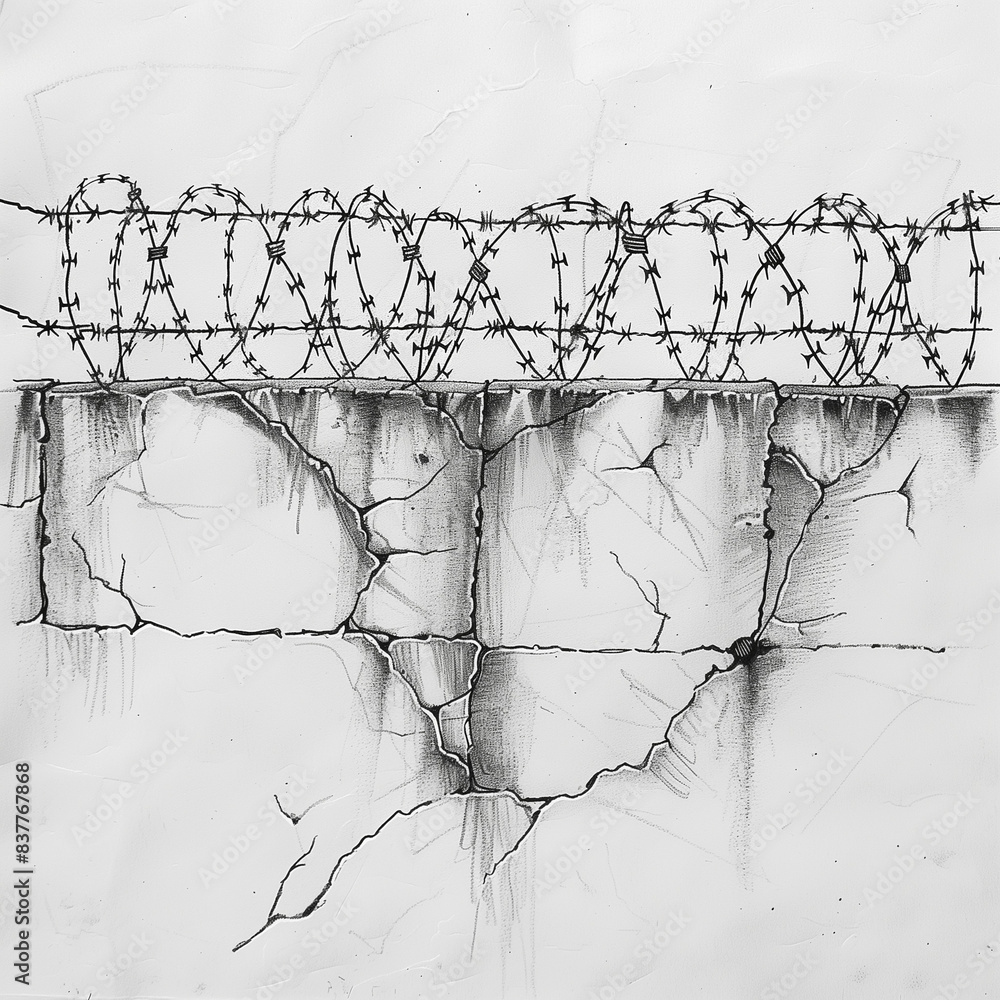 Muro con filo spinato. Disegno a matita. Stock Illustration | Adobe Stock