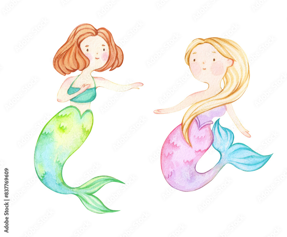 Watercolor set of two cute little mermaids. Illustration of cartoon ...
