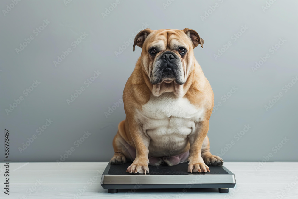 cute very fat bulldog sitting on top of an electric scale, chubby body ...