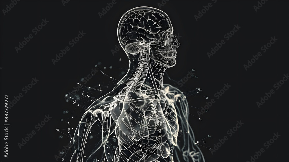 Futuristic Wireframe Human Torso with Internal Organs and Skeleton ...