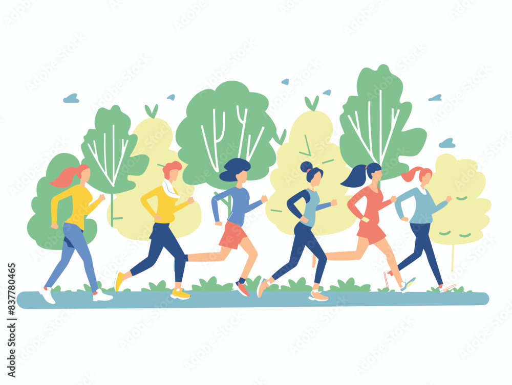 Group diverse people jogging together through park, trees nature ...