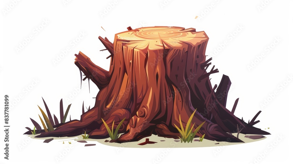 Cartoon illustration of a large tree stump with roots and grass blades ...