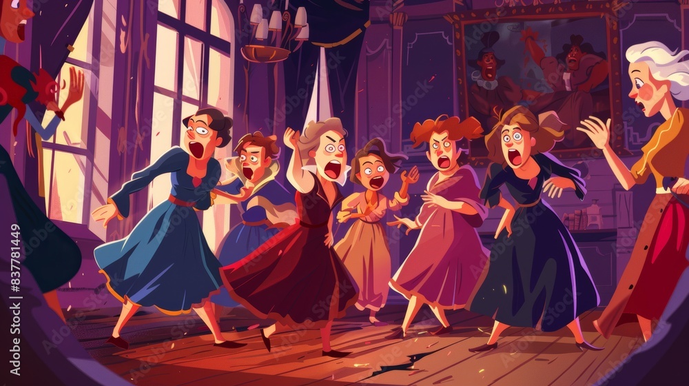 An amusing modern cartoon featuring a group of women in a state of ...