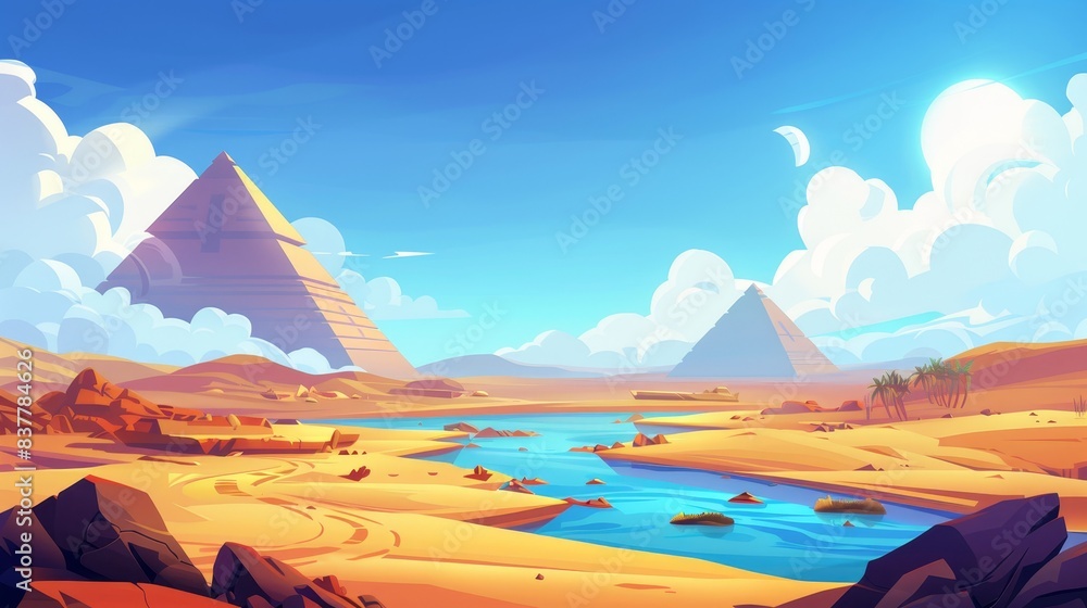 Cartoon illustration of Egyptian desert with pyramids, rivers, and ...