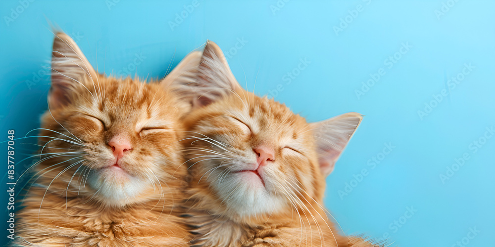 two cute orange kittens with fluffy fur, their eyes are closed, and ...