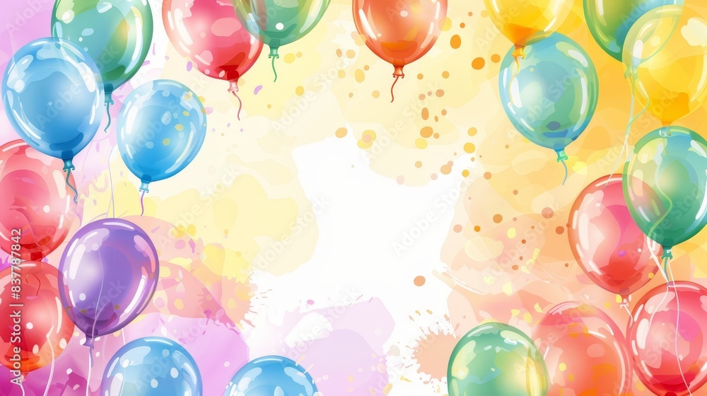 Cartoon colorful balloons bordered in watercolors on a cute cartoon ...