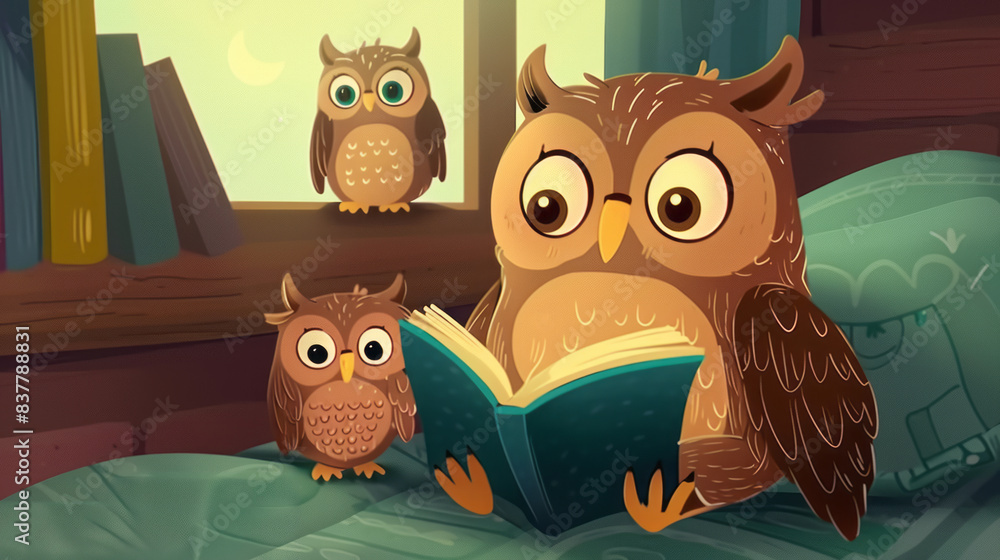 Owl family reading time. Cute cartoon owl family enjoying a bedtime ...