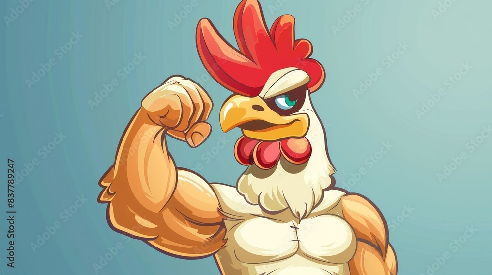 This is a cartoon chicken mascot with a flexing arm clip art image. The ...