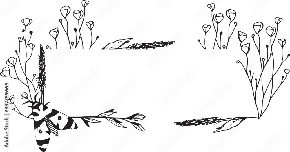 Vector black outlines, floral framing, sketch horizontal frame with ...