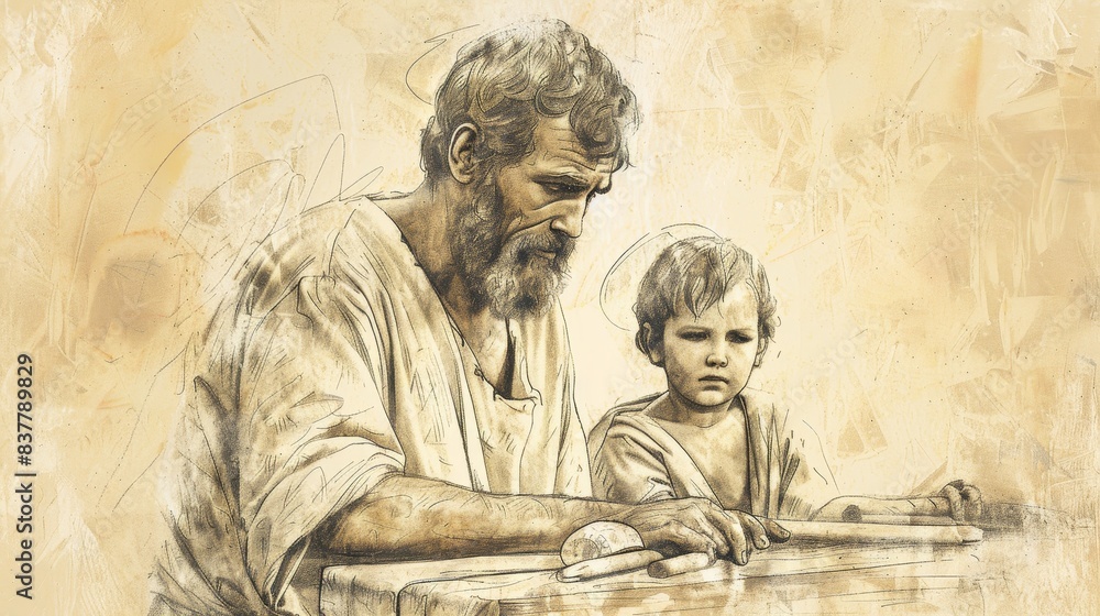 Saint Joseph in Carpenter Role, Jesus as Child, Biblical Illustration ...
