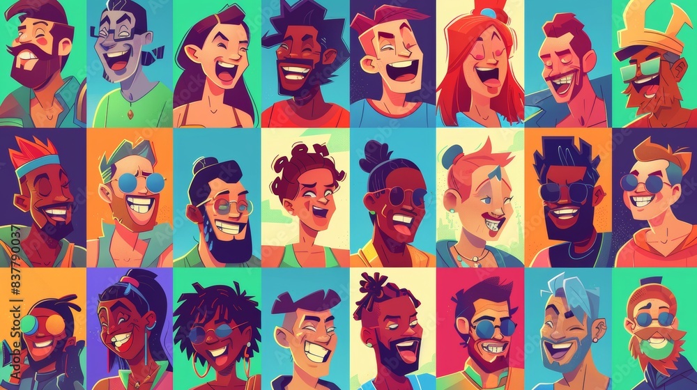 Male and female portraits and avatars expressing emotions. Laughter and ...