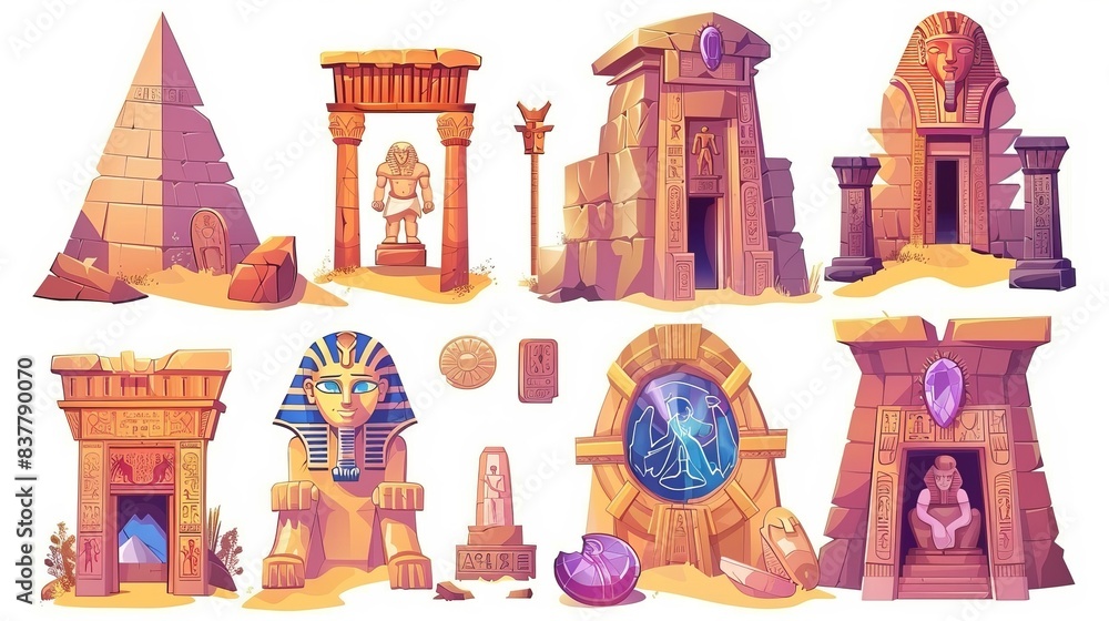 Isolated on white background, ancient Egyptian landmarks, pyramids ...