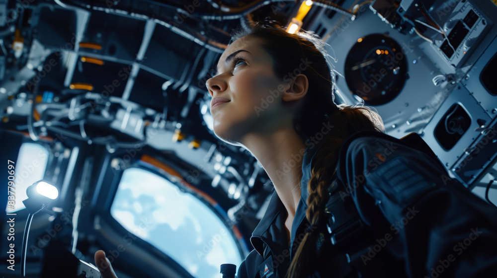 Repair of the space station. A female cosmonaut in the cockpit of a ...