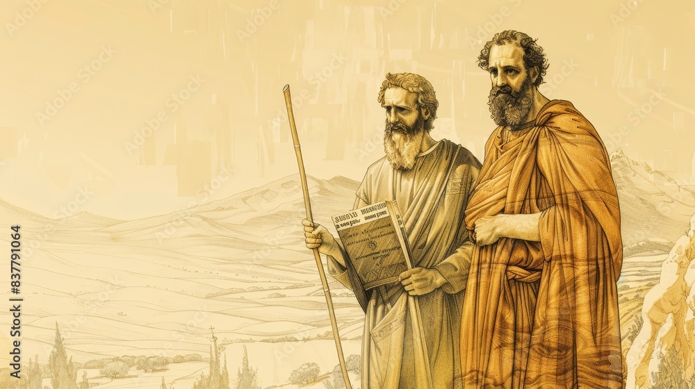 Saint Silas and Saint Paul, Scroll and Staff, Missionary Journey, Biblical Illustration, Beige ...