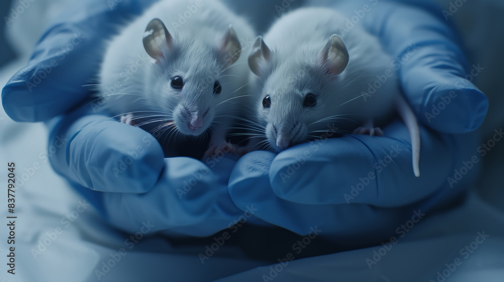 Two laboratory mice are sitting on the doctor's hands. The doctor has ...