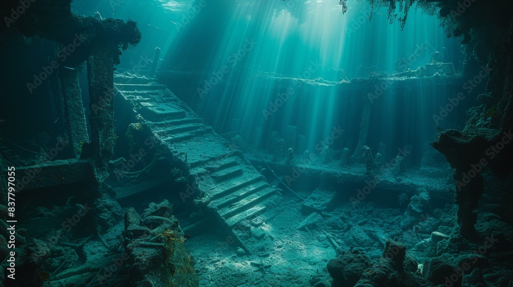 Underwater exploration of a sunken shipwreck deep in the ocean ...