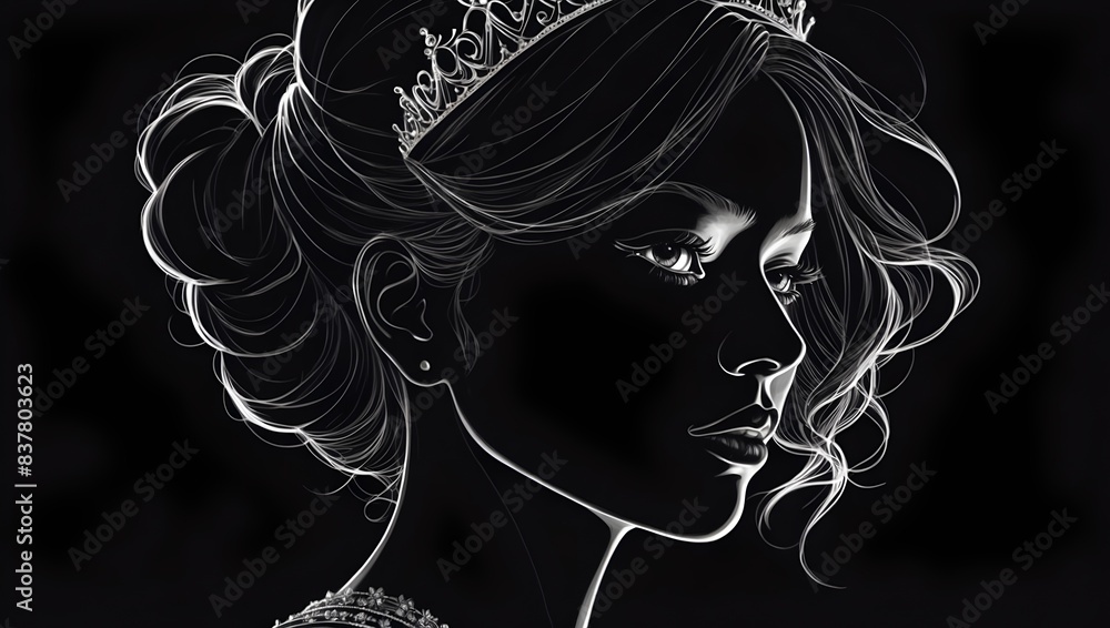 line pencil drawing female face silhouette sharp shadows black ...