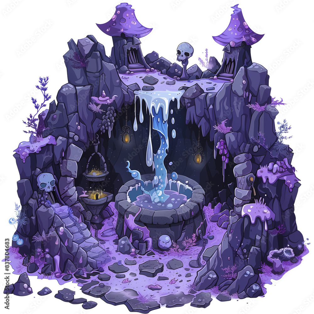 A witch's lair with a bubbling toxic cauldron at the cente isolated on ...