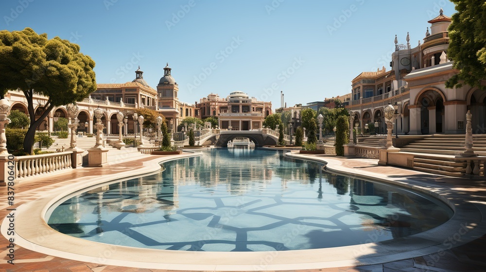 A picturesque urban plaza with historical monuments, fountains, people ...