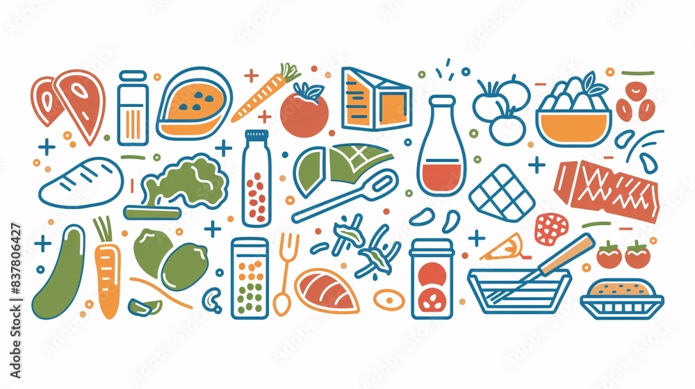 A 2D outline illustration of a balanced diet chart with different food ...
