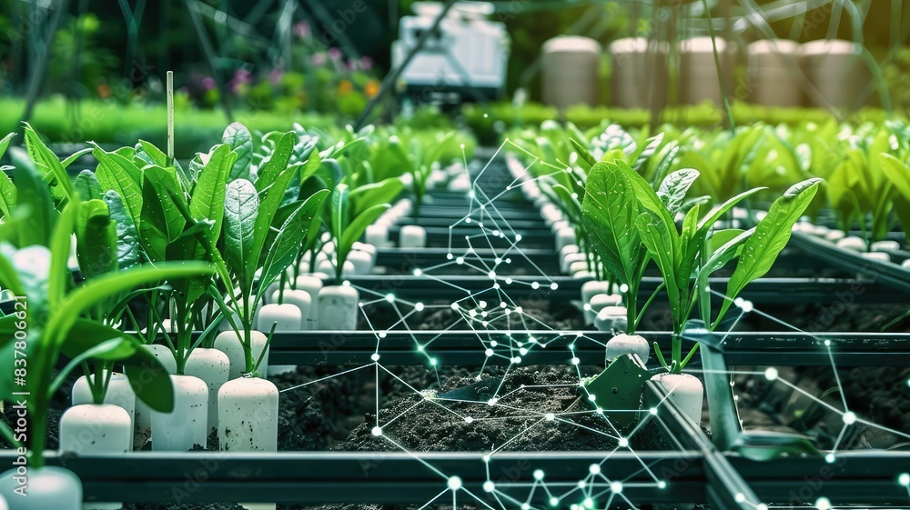 High tech farming, futuristic agriculture, digital plants, greenhouse ...