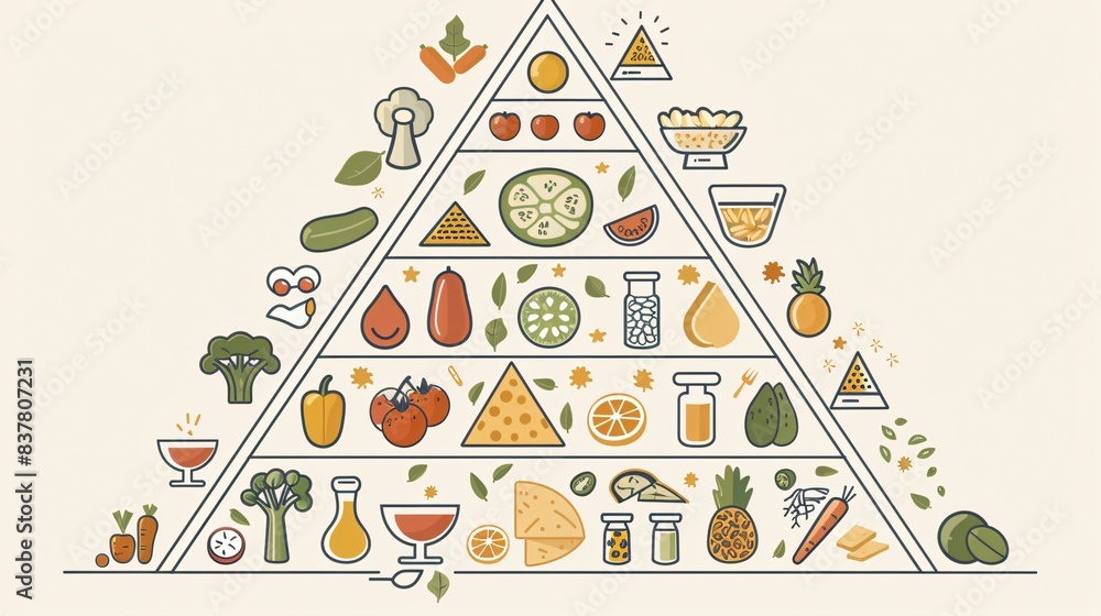 A detailed 2D outline illustration of a balanced diet pyramid, with ...